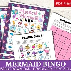 Mermaid Bingo 100 Card, Cute Printable Mermaid Theme Family Game Night ...