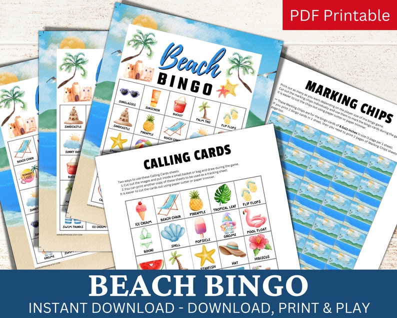 50 Beach Bingo Game Card, Watercolor Summer Themed Activity, Travel ...