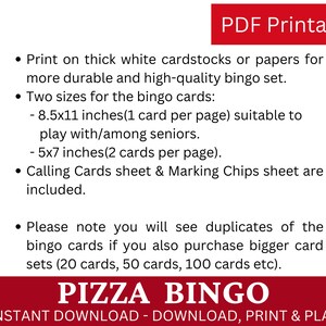 20 Pizza Bingo Game Card, Watercolor Food Theme Party Activity, PDF ...