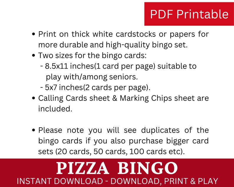 100 Pizza Bingo Game Card, Watercolor Food Theme Party Activity, PDF ...