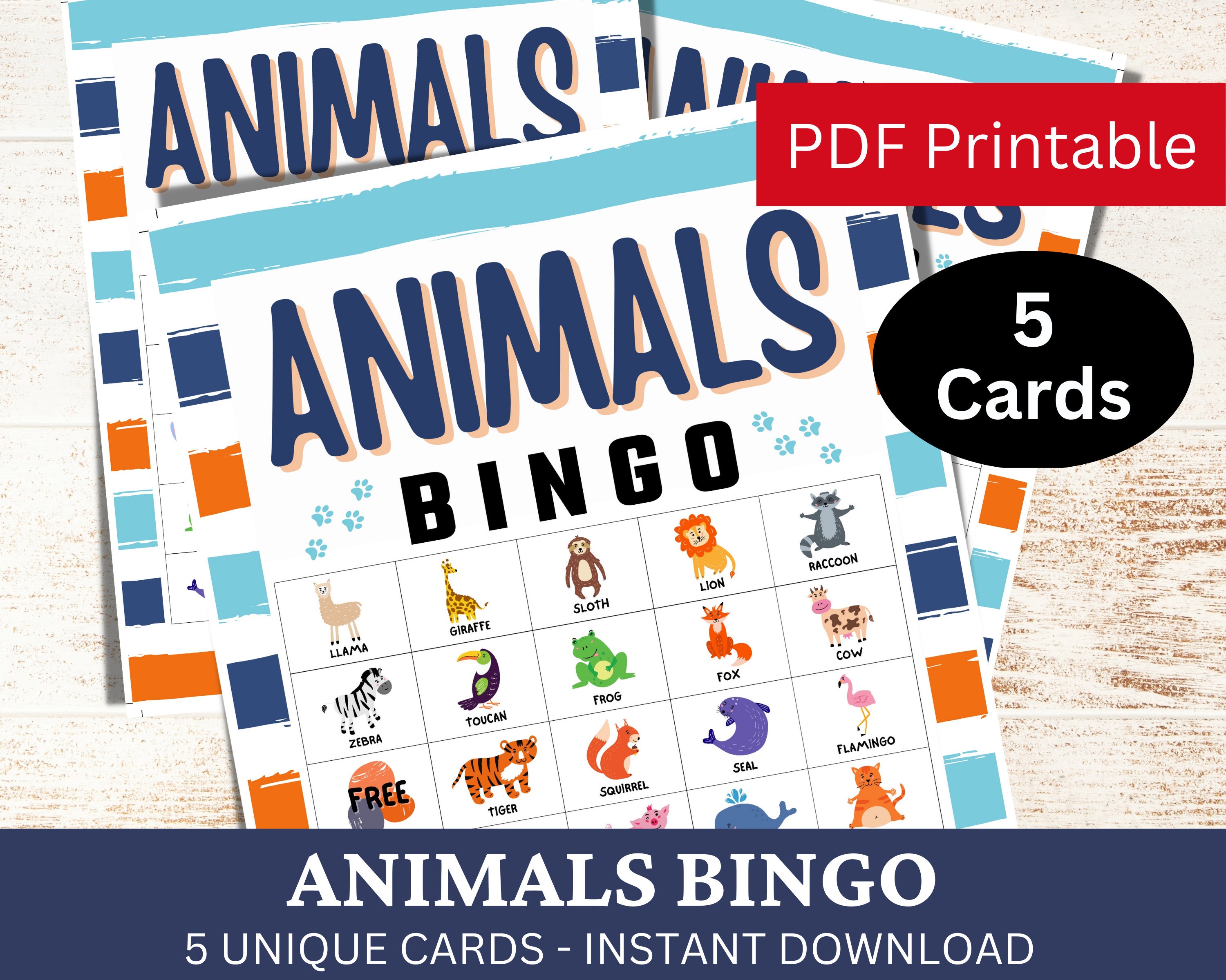 5 Animals Bingo Game Card, Fauna Theme Party Activity for Classroom ...