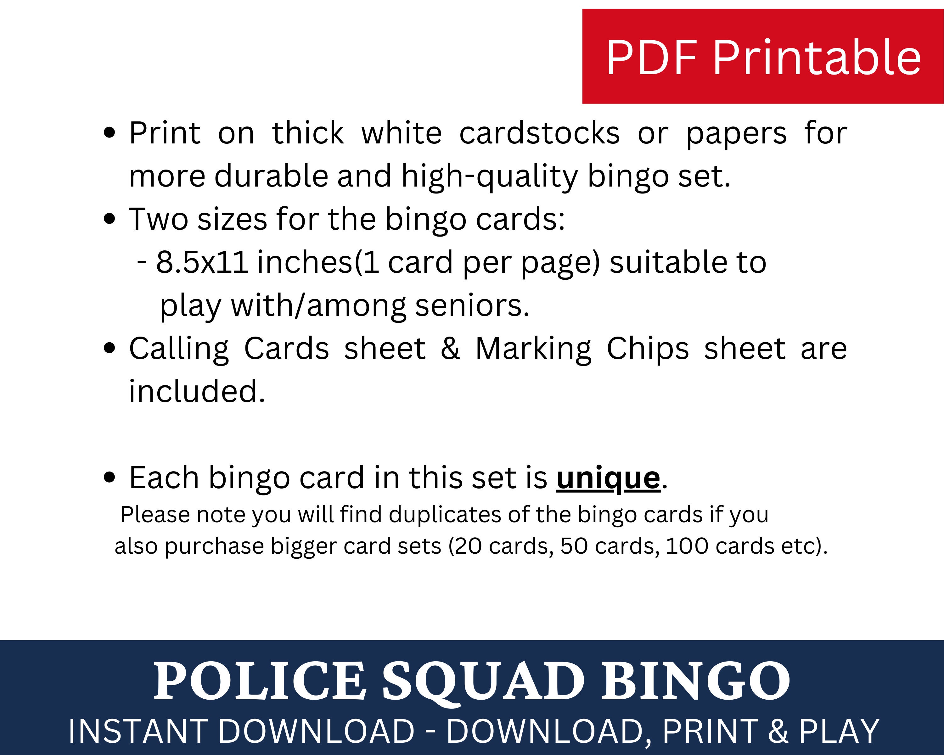 5 Police Squad Bingo Game Card, Police Party Theme Activity, Fun ...