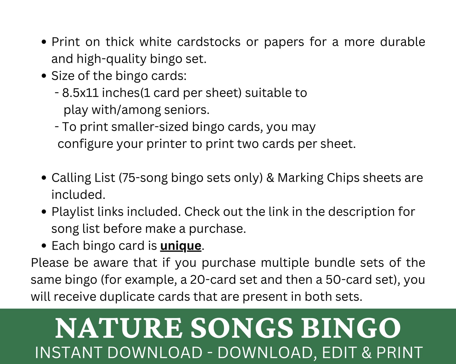 Nature Songs Bingo Game 300 Card, Music Bingo With Playlist ...