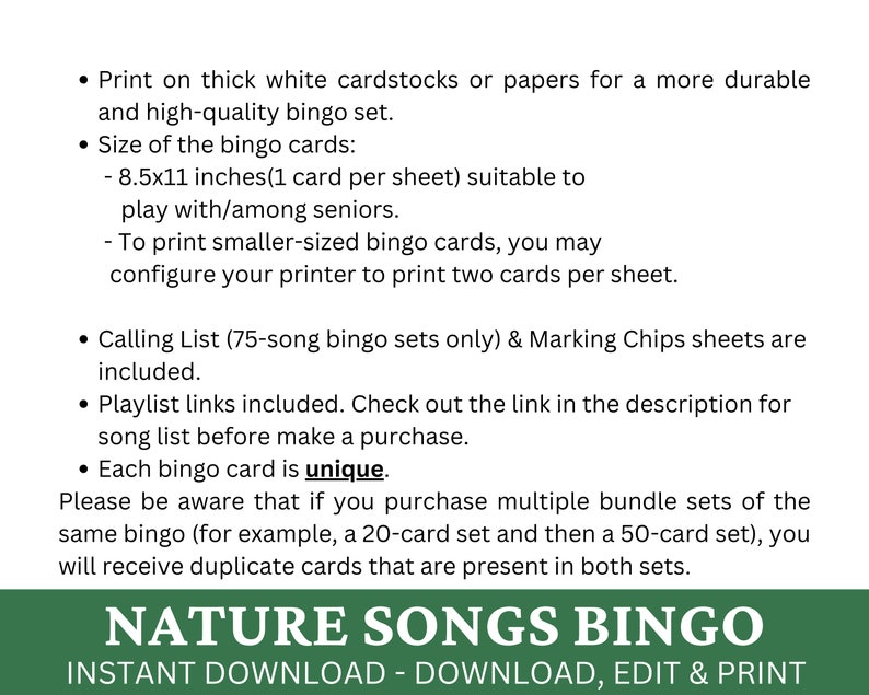 Nature Songs Bingo Game 300 Card, Music Bingo With Playlist ...