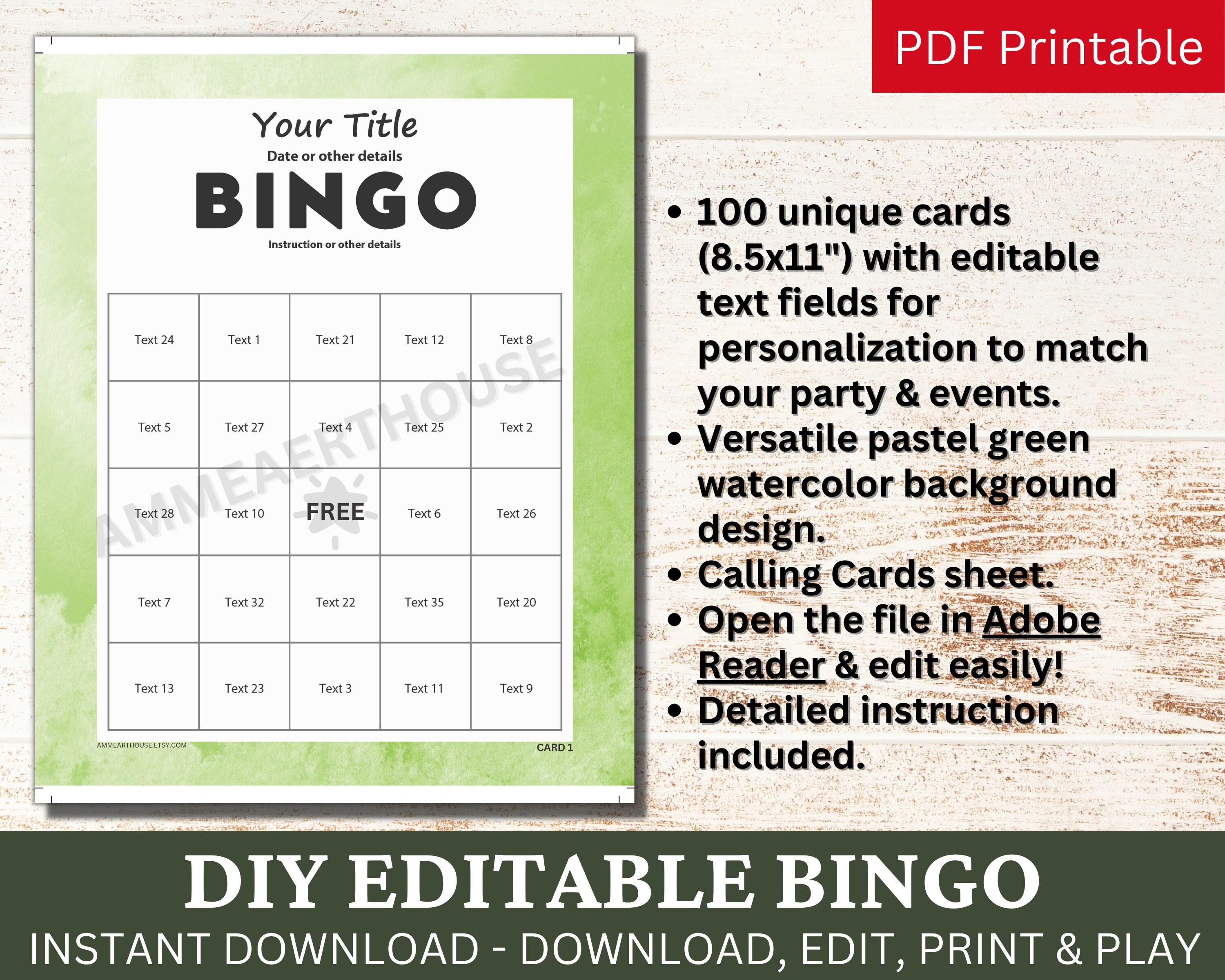 100 Editable Bingo Watercolor Green Template PDF, DIY Fillable Game ...