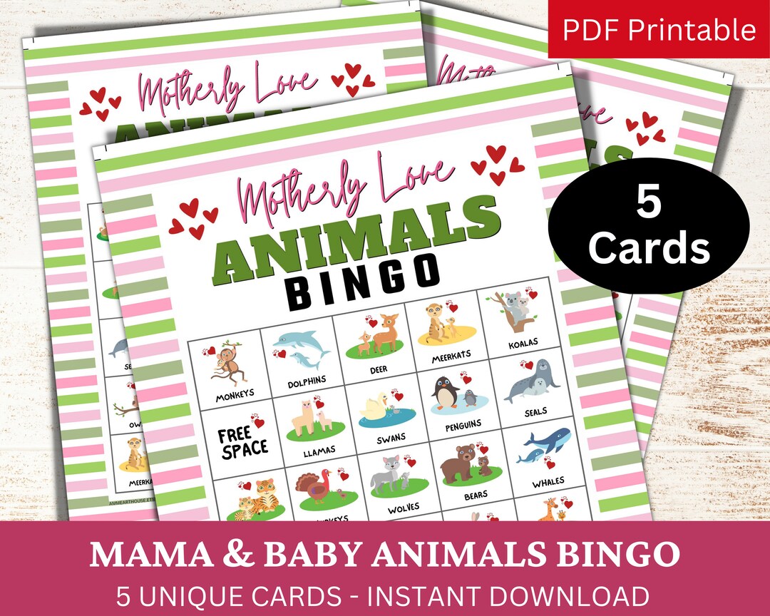 5 Mama & Baby Animals Bingo Game Card, Mother's Day Themed Activity ...