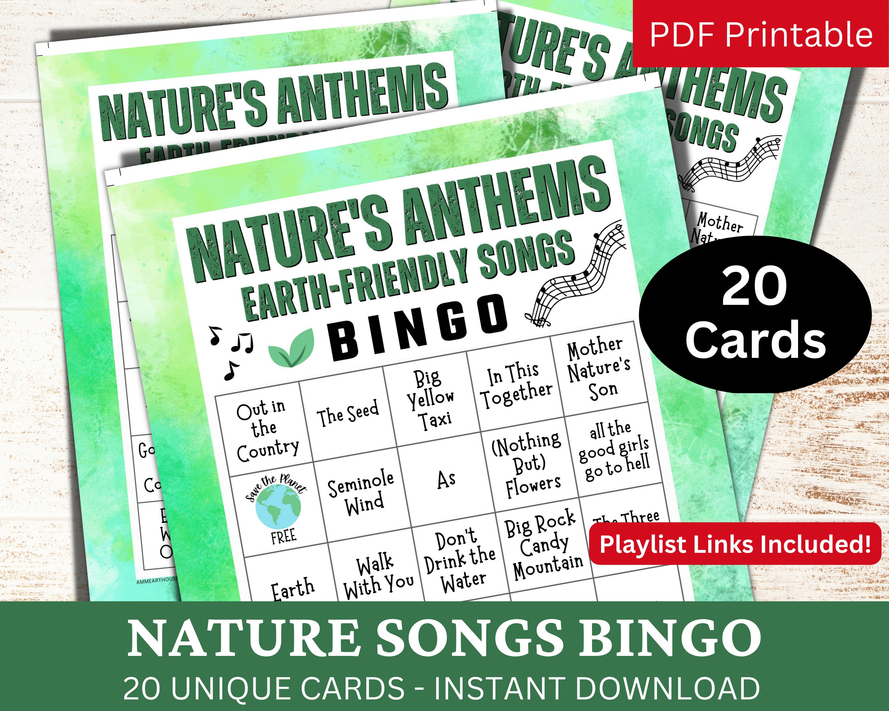 Nature Songs Bingo Game 20 Card, Earth Day Anthems, Music Party Themed ...