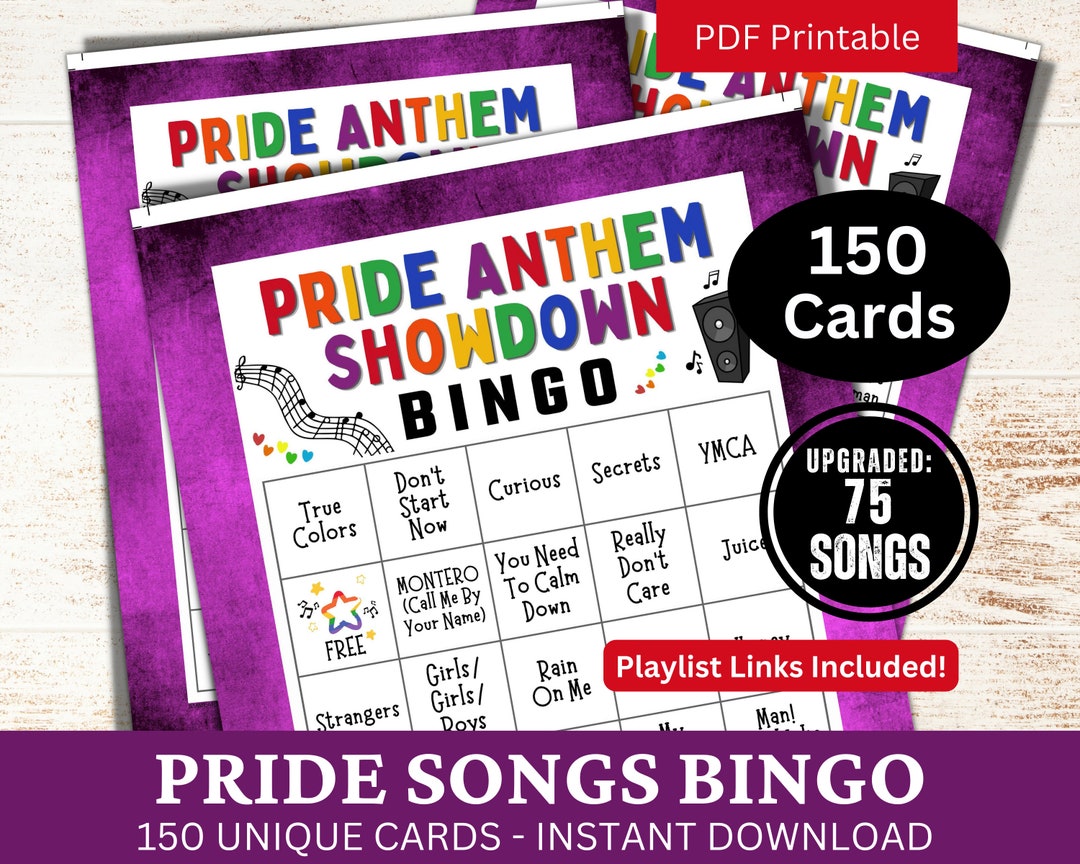 Pride Songs Bingo 150 Cards, Adult Printable LGBTQ Trans Party Activity ...