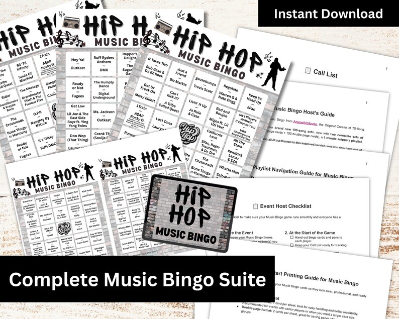 Hip Hop Songs Bingo Game 100 Card, Rap Music Party Activity, Family ...