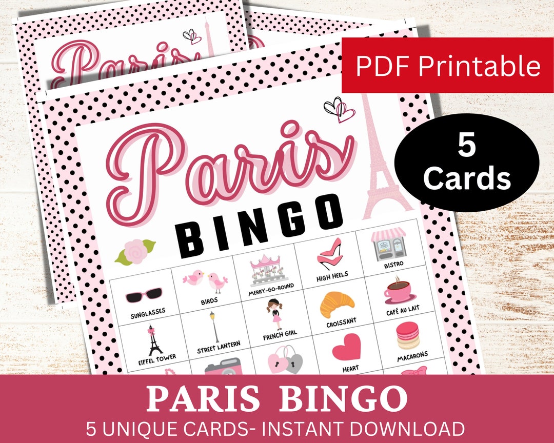 5 Paris Bingo Game Card, Fun Travel Theme Birthday Party Activity, Love ...