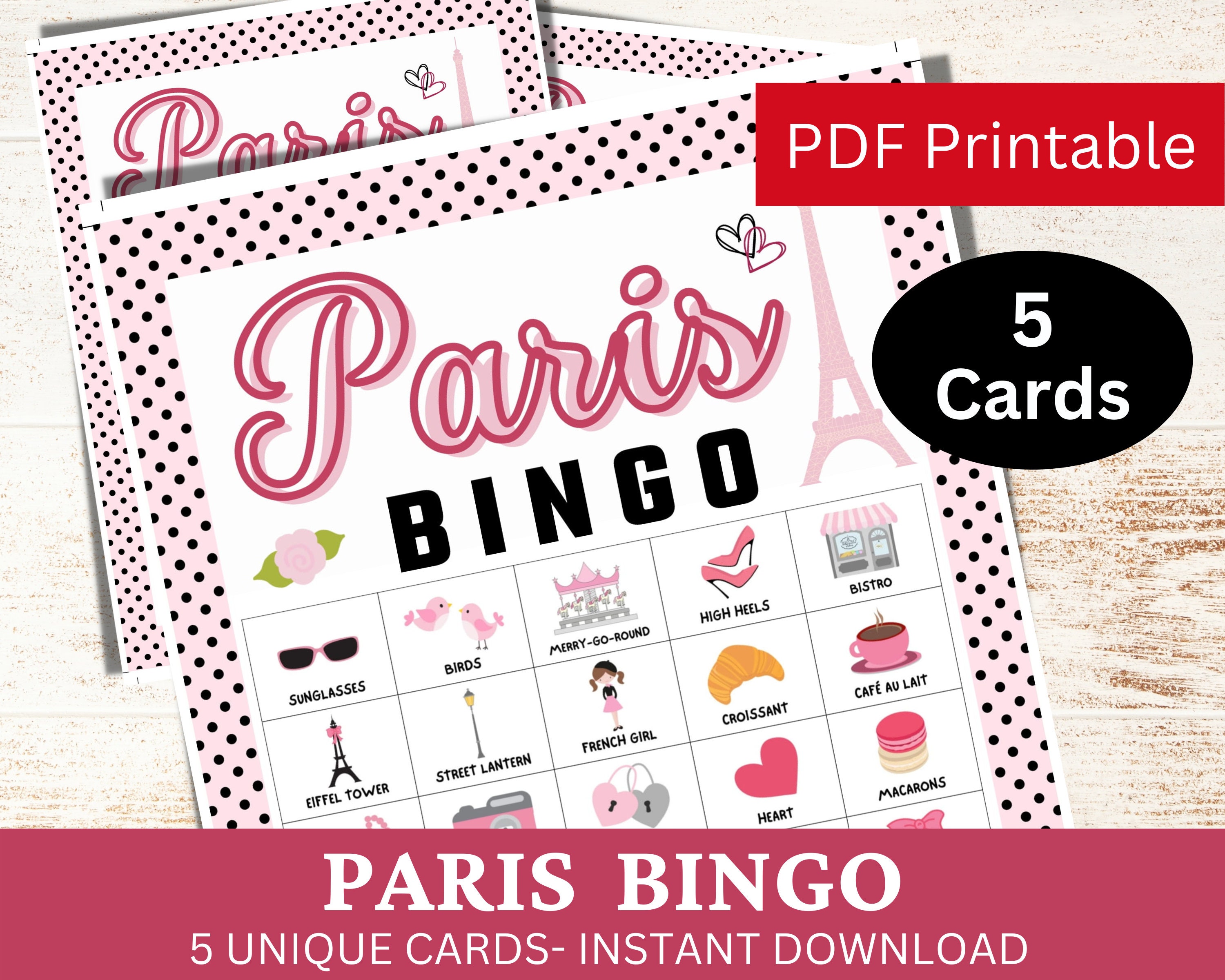 5 Paris Bingo Game Card Fun Travel Theme Birthday Party - Etsy