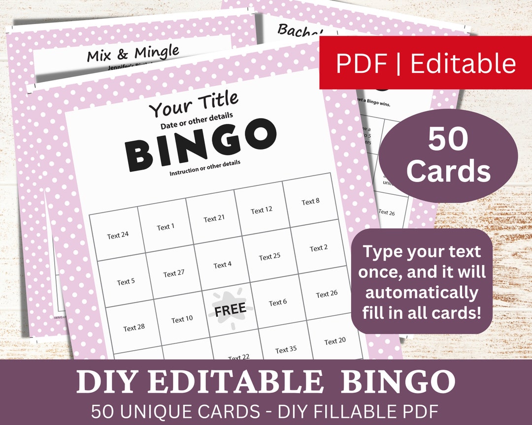 50 Editable Bingo Pastel Violet Template PDF, DIY Fillable Bingo Game ...