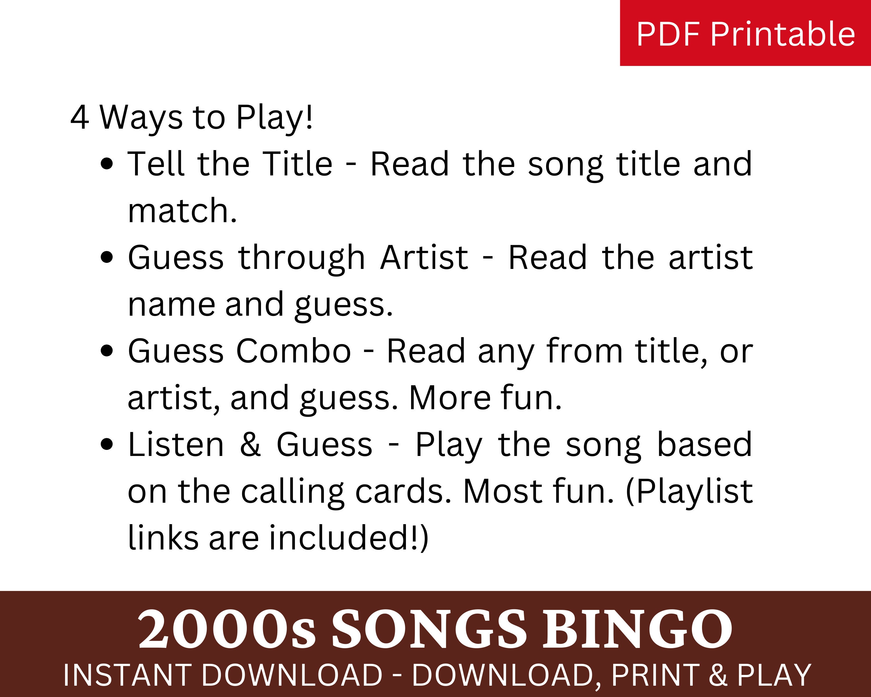 5 2000s Songs Bingo Game, Y2K Family Reunion Party Night, Throwback ...