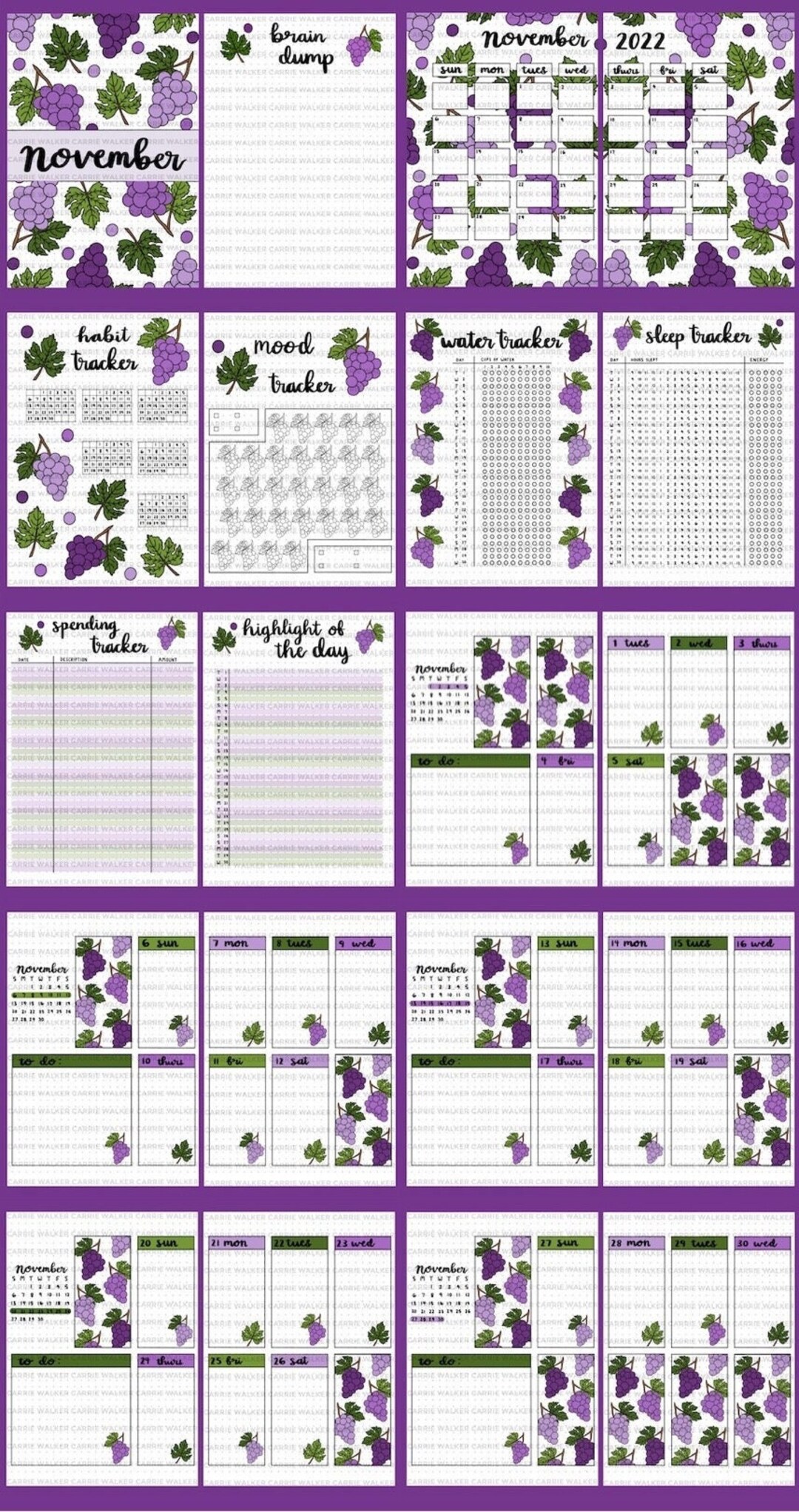November 2022 Grapes Themed Bullet Journal Spreads PDF - Etsy