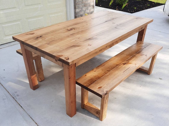 Handmade Farmhouse Style 4-leg Table With Benches | Etsy