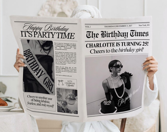 Happy Birthday Card Newspaper Design, Printable Canva Template, DIY ...