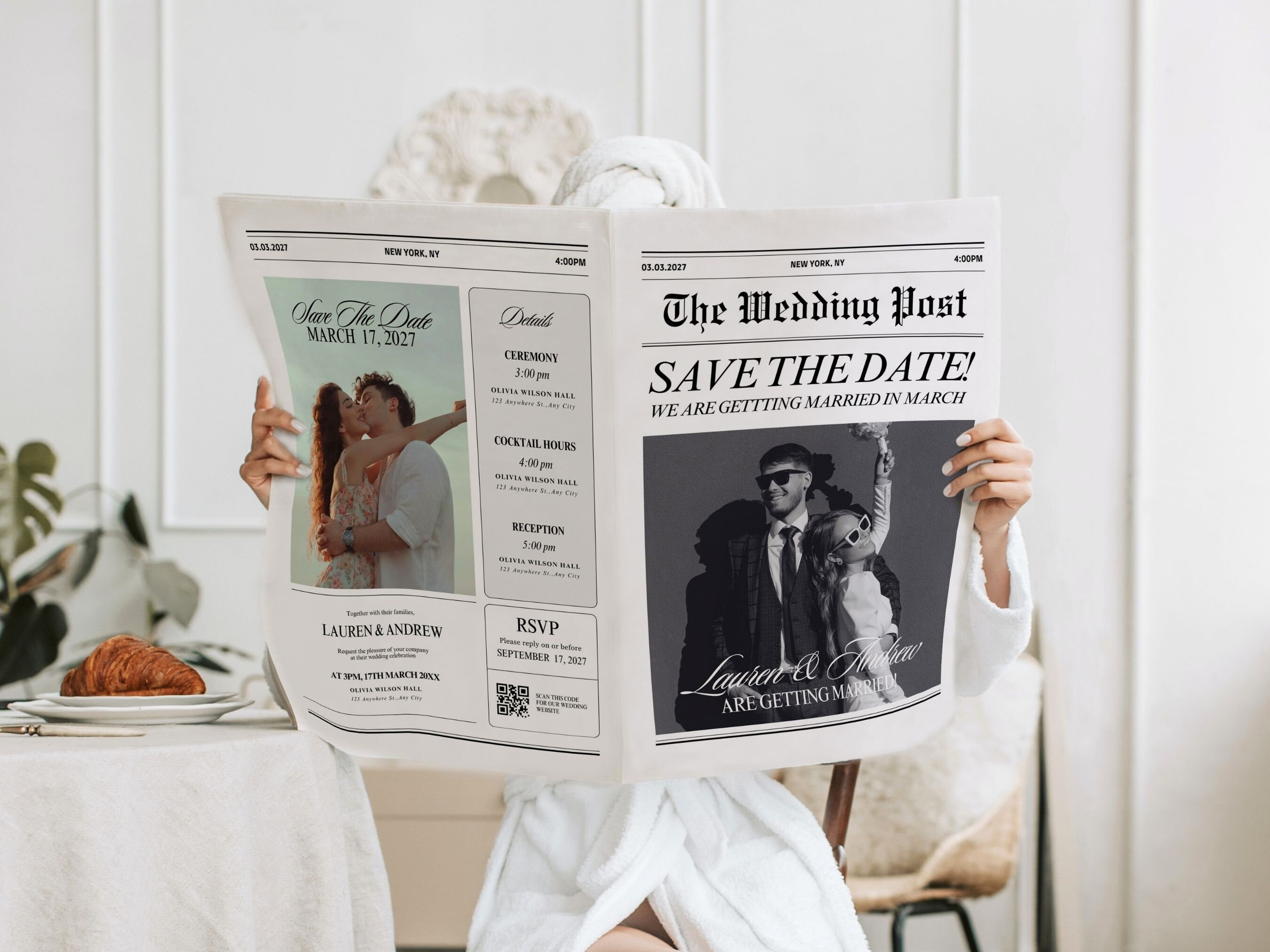 Canva Newspaper Save the Date Template, Large Save the Date Newspaper ...