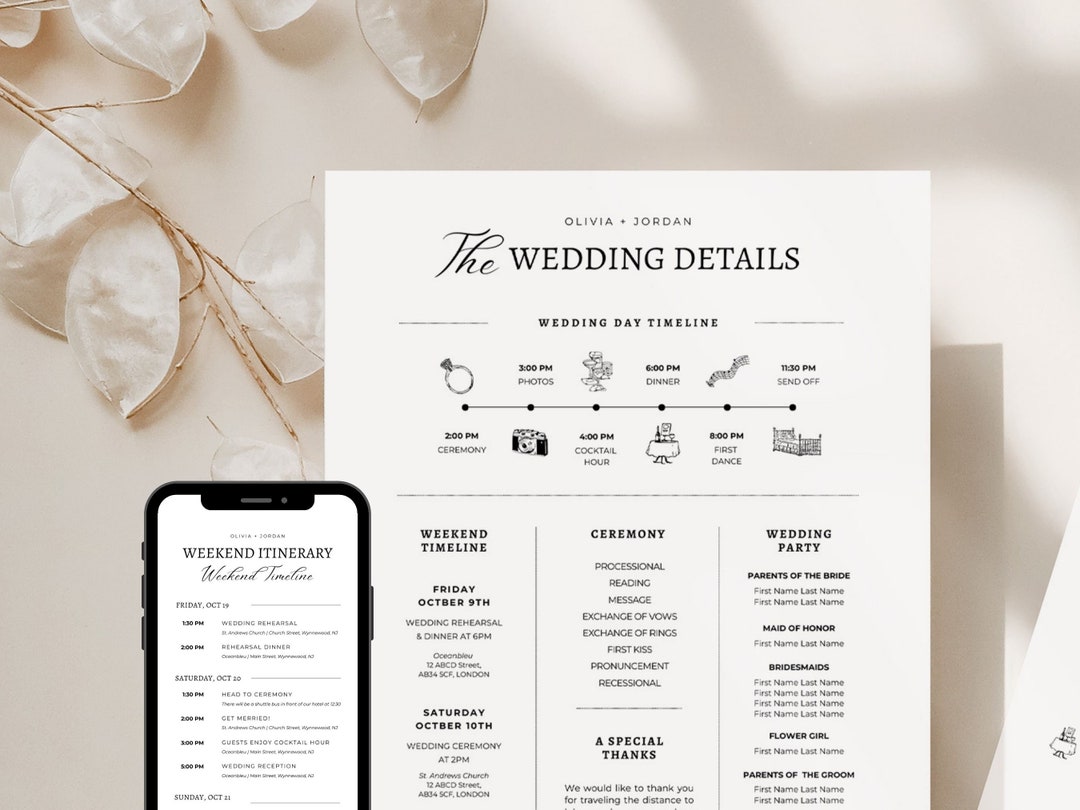 Canva Wedding Timeline Modern, Custom Wedding Day Timeline Template ...