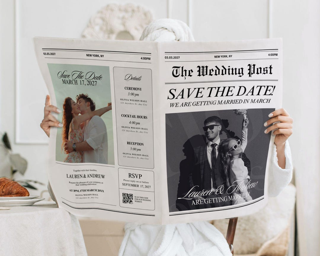Canva Newspaper Save the Date, Wedding Save the Date Newspaper Template ...