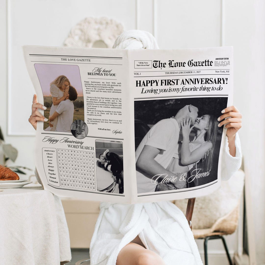 Couple Anniversary Newspaper Template, 1 Year Anniversary Gifts for Him ...