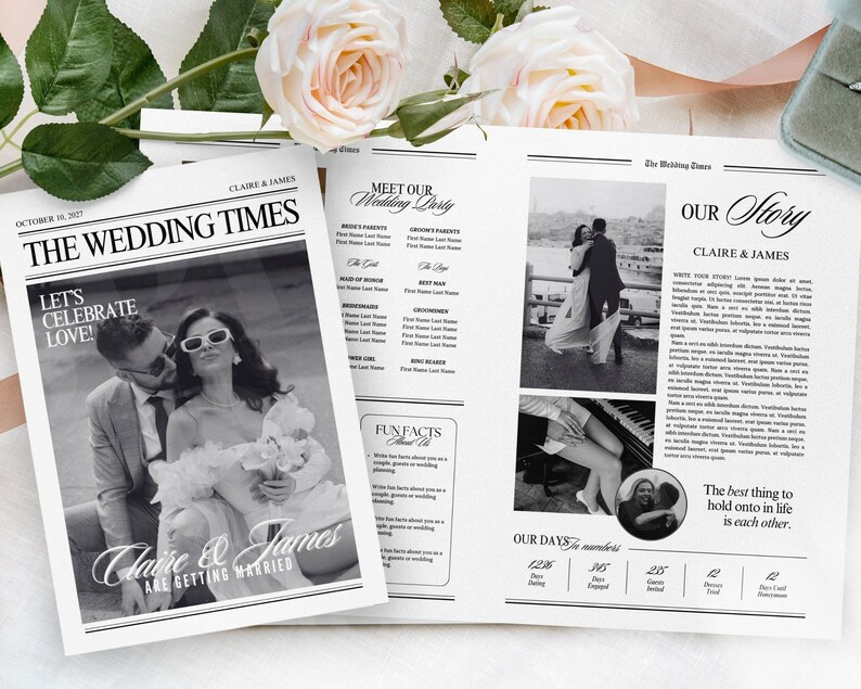 Editable Newspaper Wedding Program, Canva Wedding Newspaper Template ...