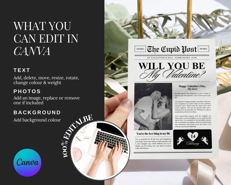 Canva Valentines Day Newspaper Template, the Cupids Post, Flower Wrap ...