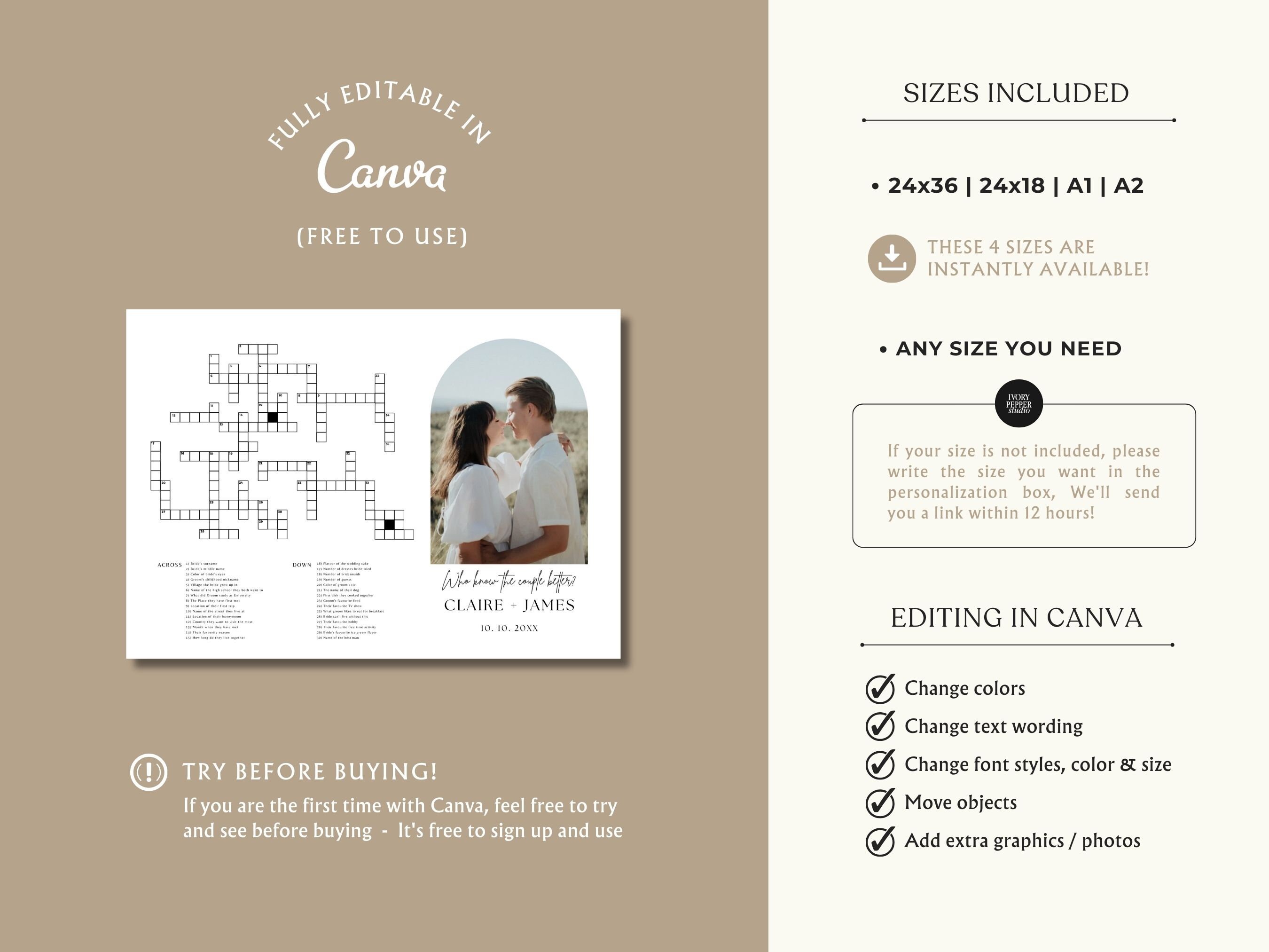Canva Wedding Crossword Sign Custom Crossword Puzzle for - Etsy
