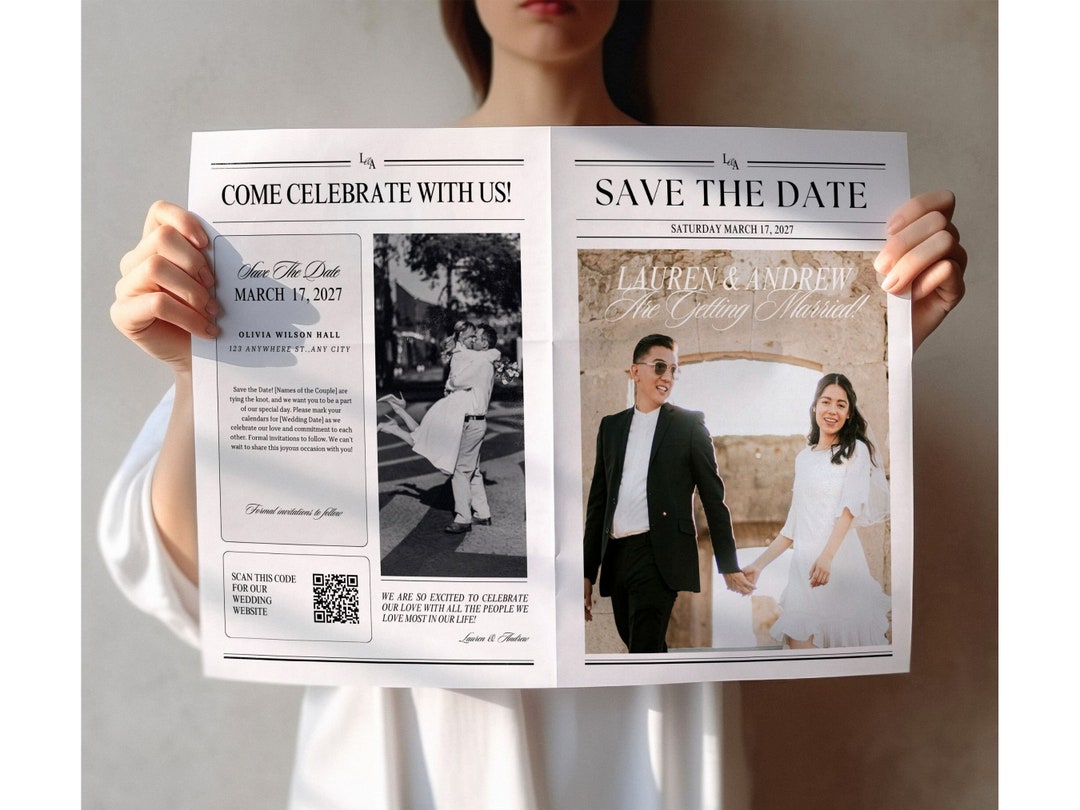 Wedding Newspaper Save the Date, Canva Save the Date Newspaper Template ...