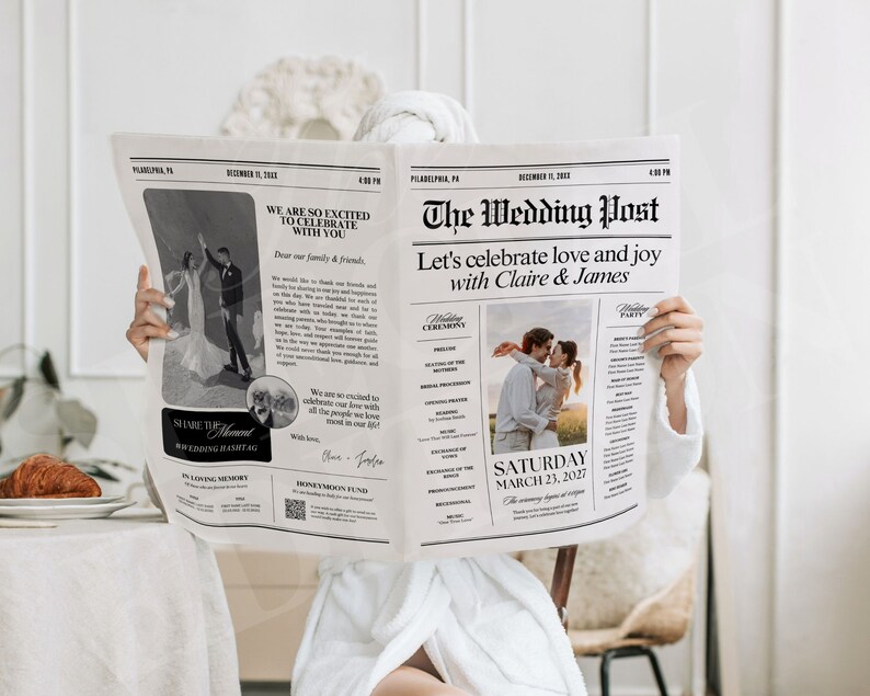 Canva Wedding Newspaper Template, Editable Newspaper Wedding Program ...