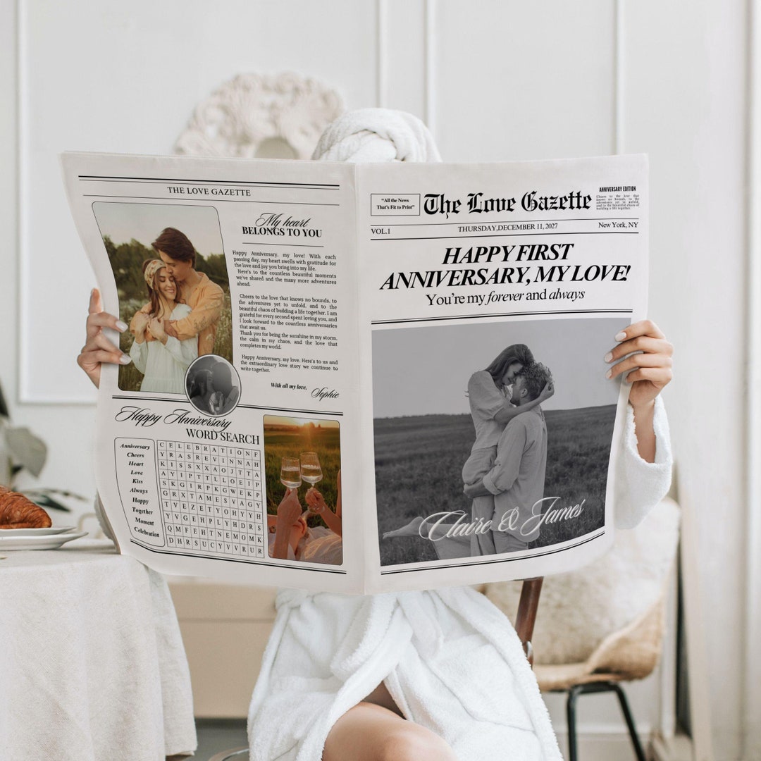 First Anniversary Newspaper Template, 1 Year Anniversary Gift for ...