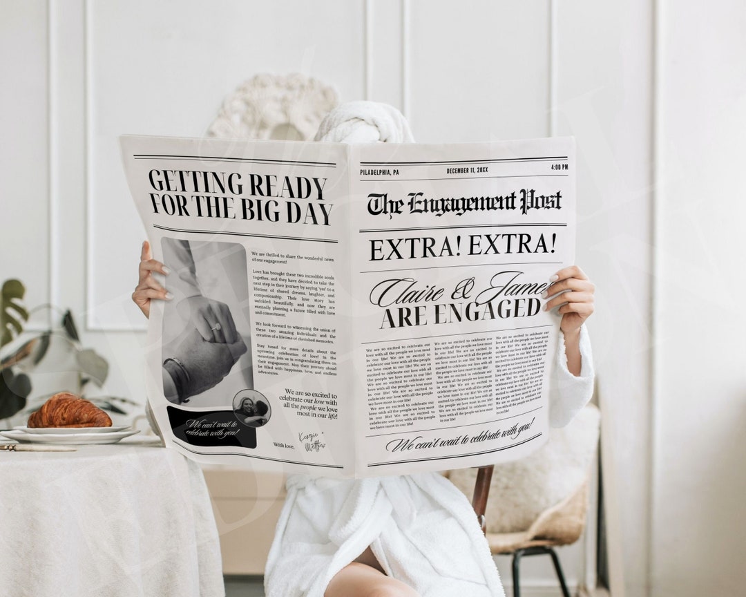 Editable Wedding Engagement Newspaper Template, Canva Newspaper Wedding Engagement, Engagement ...