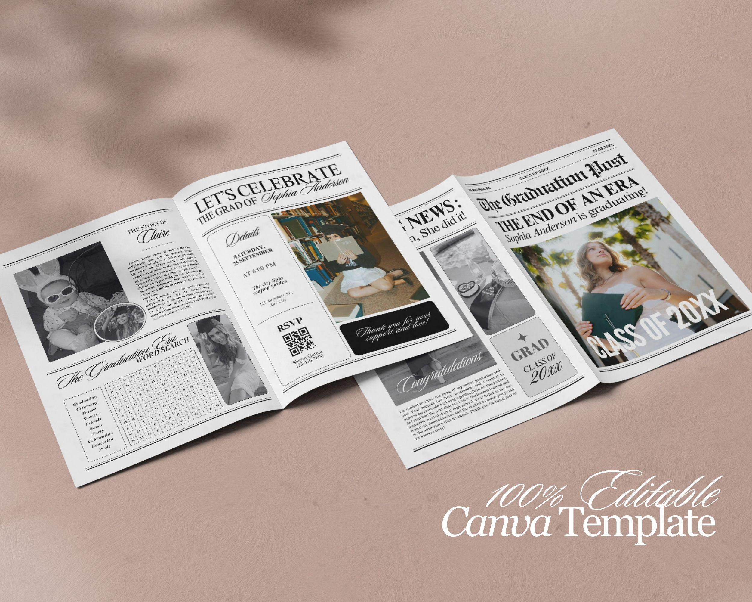 Canva Graduation Newspaper Template, Editable Newspaper Graduate, Large ...
