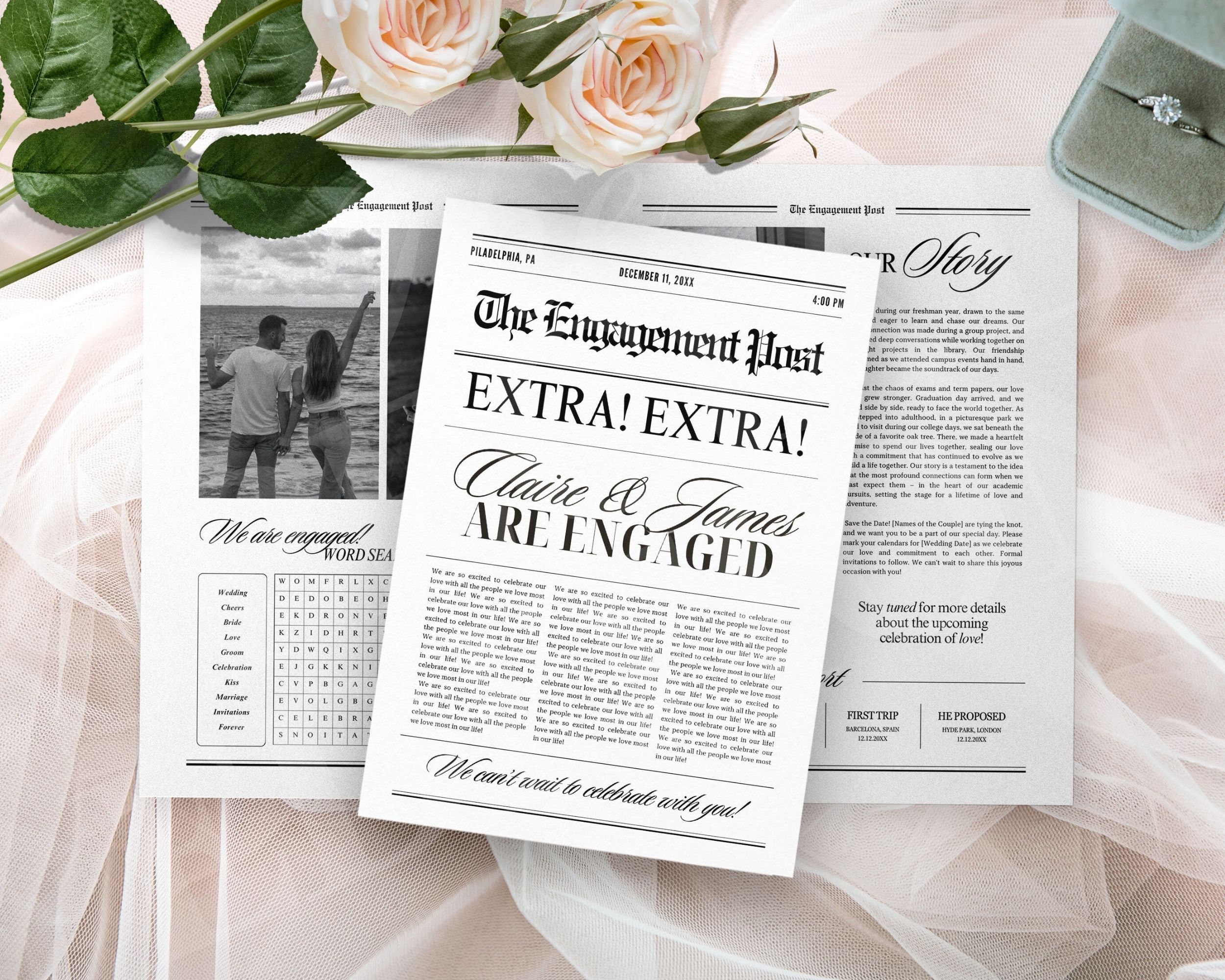 Editable Wedding Engagement Newspaper Template, Canva Newspaper Wedding ...