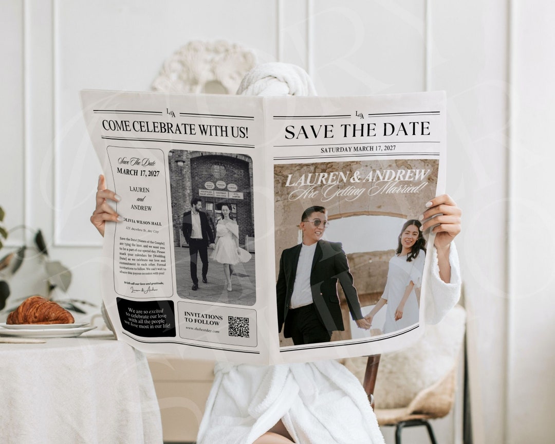 Canva Newspaper Save the Date, Wedding Save the Date Newspaper Template ...