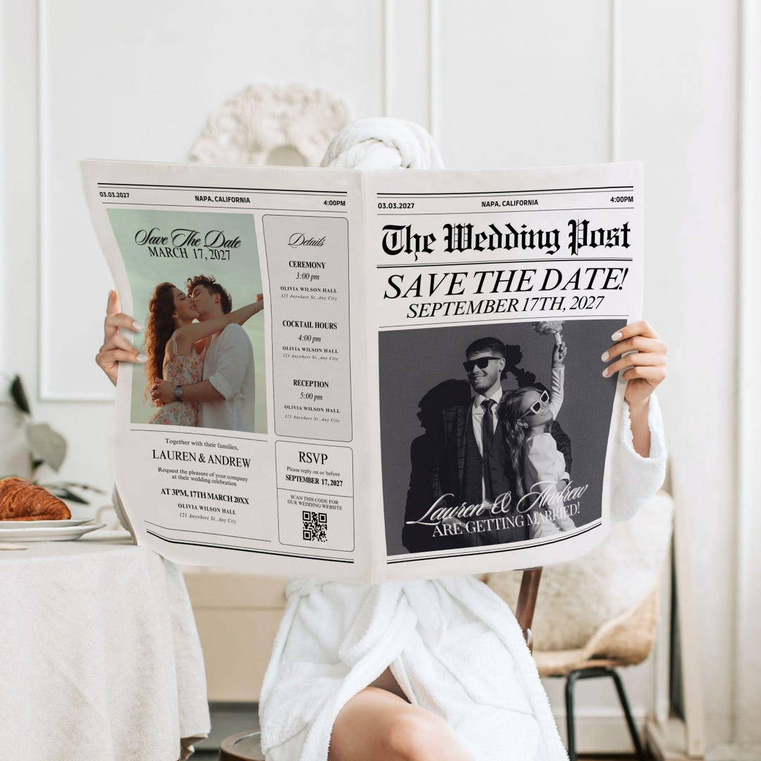 Canva Newspaper Save the Date, Wedding Save the Date Newspaper Template ...