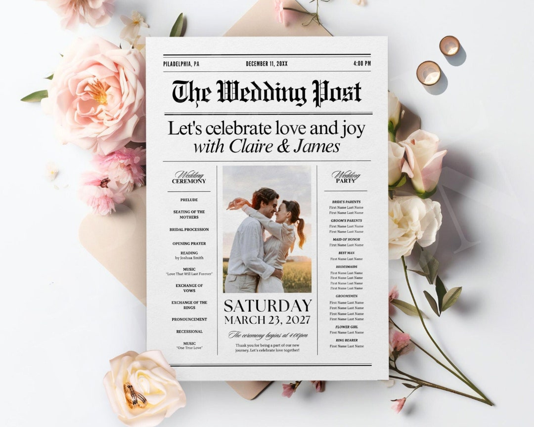 Canva Wedding Newspaper Template, Editable Newspaper Wedding Program ...