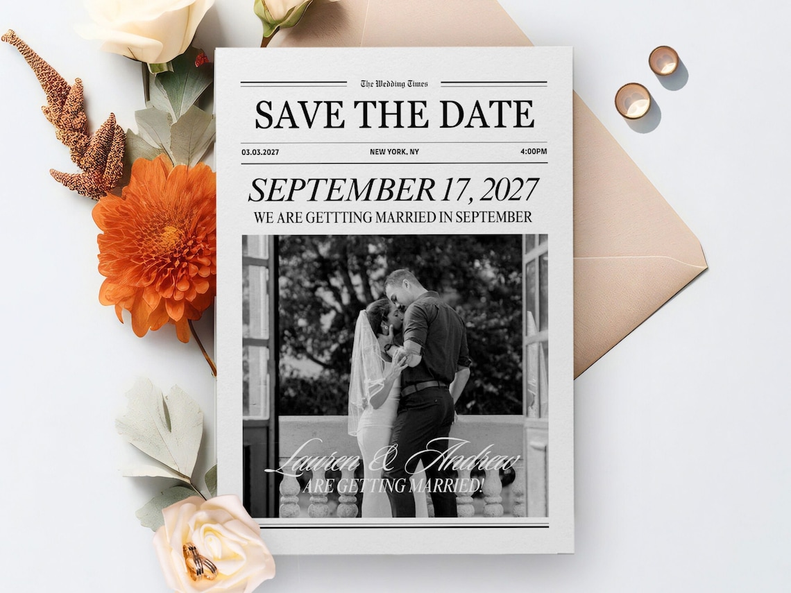 Wedding Save the Date Newspaper Template Canva Newspaper Save - Etsy