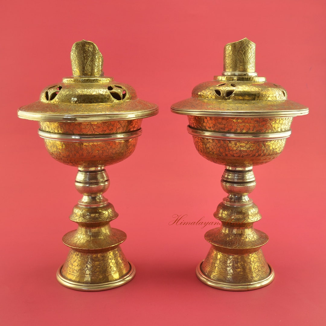 Fine Quality Buddhist Tibetan Brass With White Metal Rings Butter Lamps ...