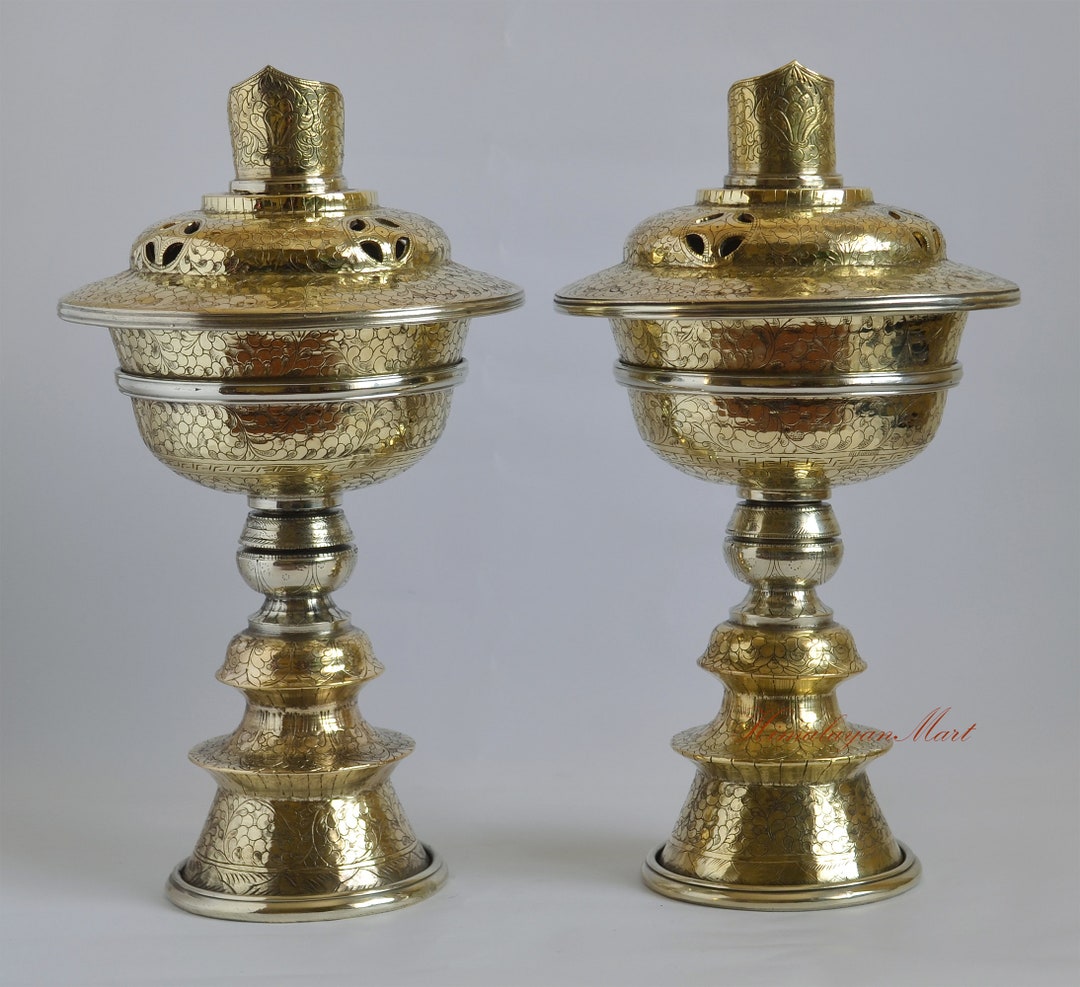 Fine Quality Tibetan Buddhist Brass With White Metal Rings Butter Lamps ...