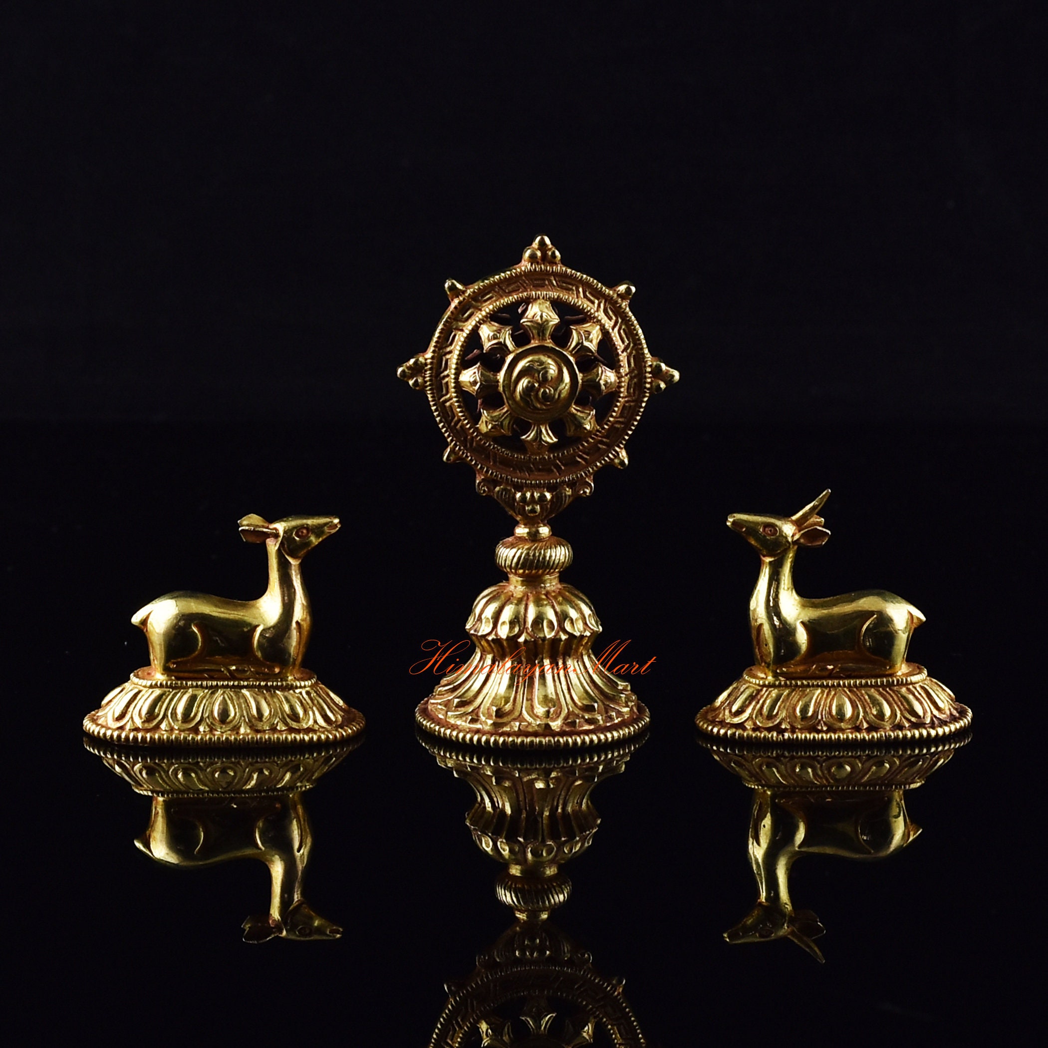 24K Gold Gilded Dharma Wheel & Deer Set: Hand-carved Copper Altar Decor ...