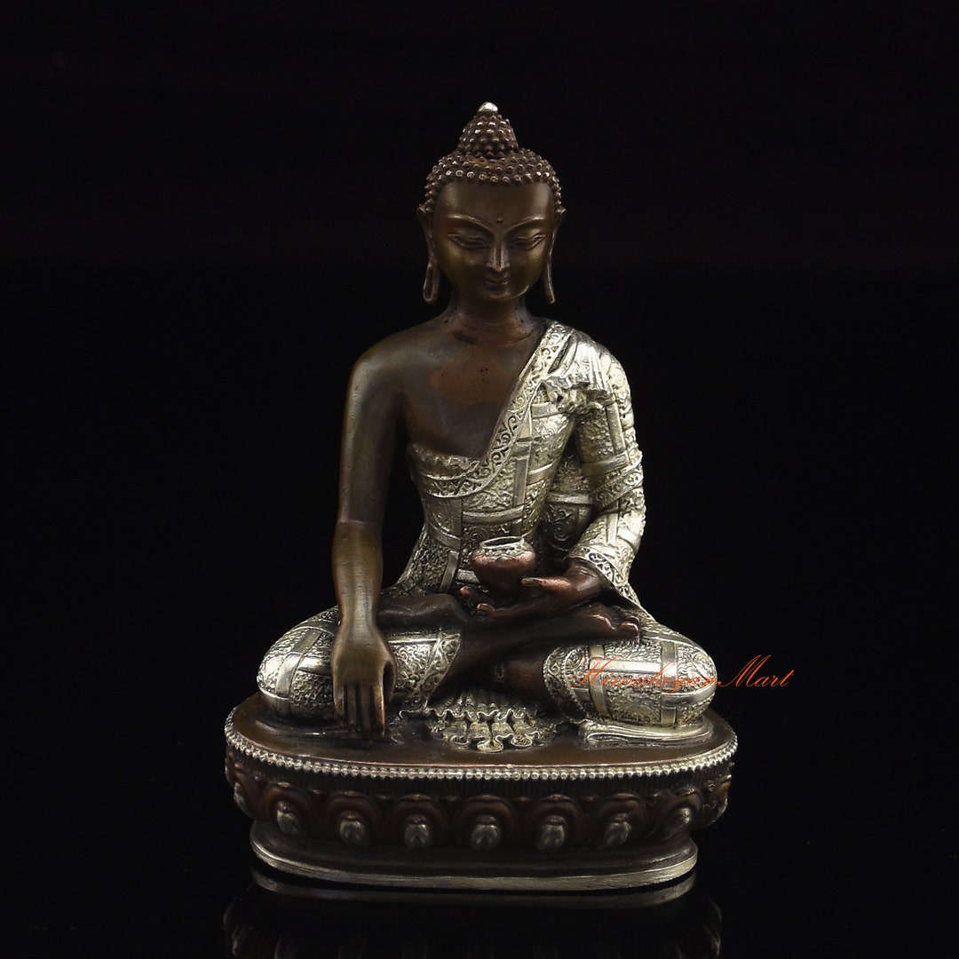 Silver Plated Sakyamuni Buddha Statue: Oxidized Copper Alloy From Nepal ...