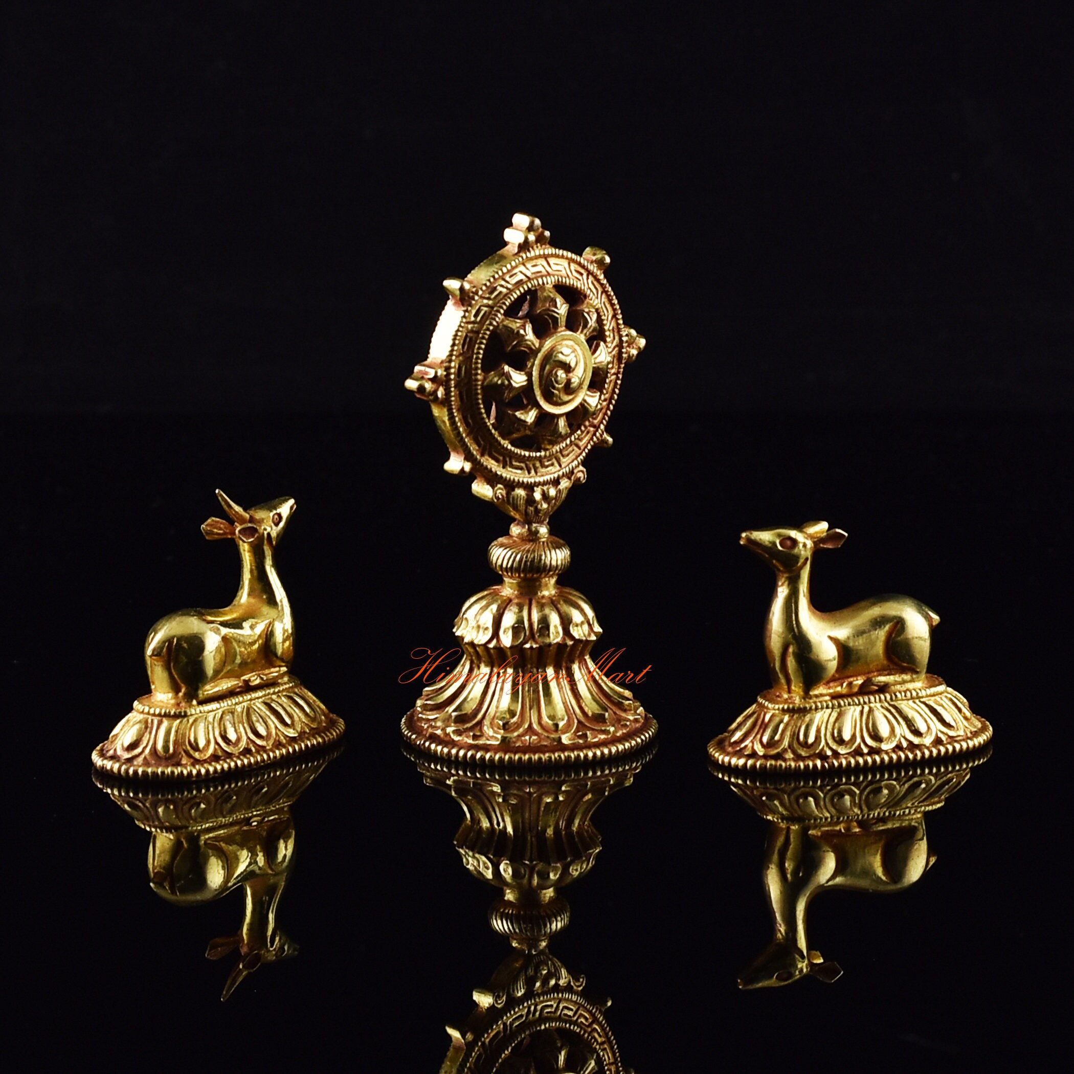 24K Gold Gilded Dharma Wheel & Deer Set: Hand-carved Copper Altar Decor ...