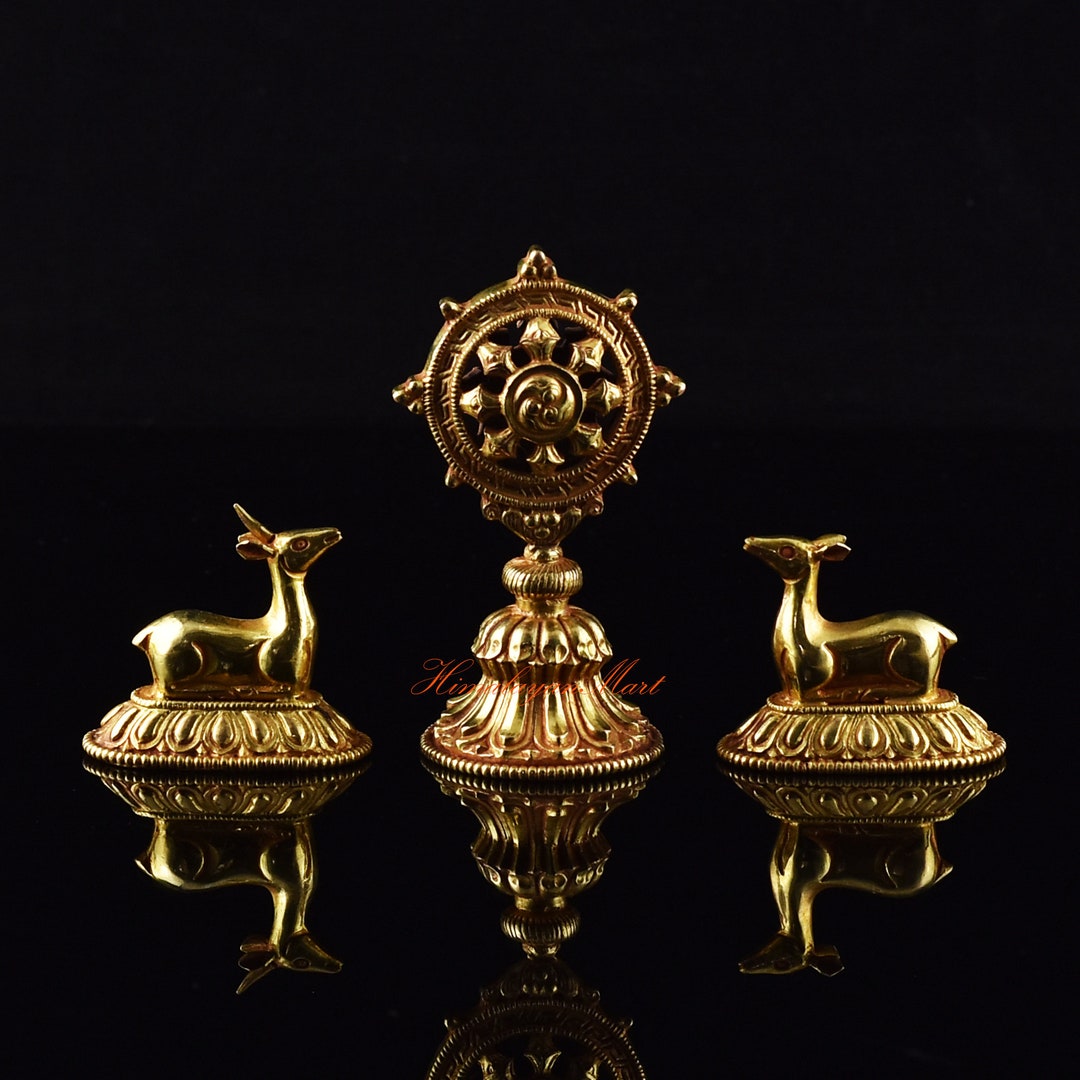 24K Gold Gilded Dharma Wheel & Deer Set: Hand-carved Copper Altar Decor ...