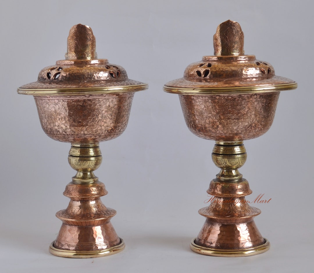 Fine Quality Tibetan Buddhist Copper With Brass Rings Butter Lamps Set ...