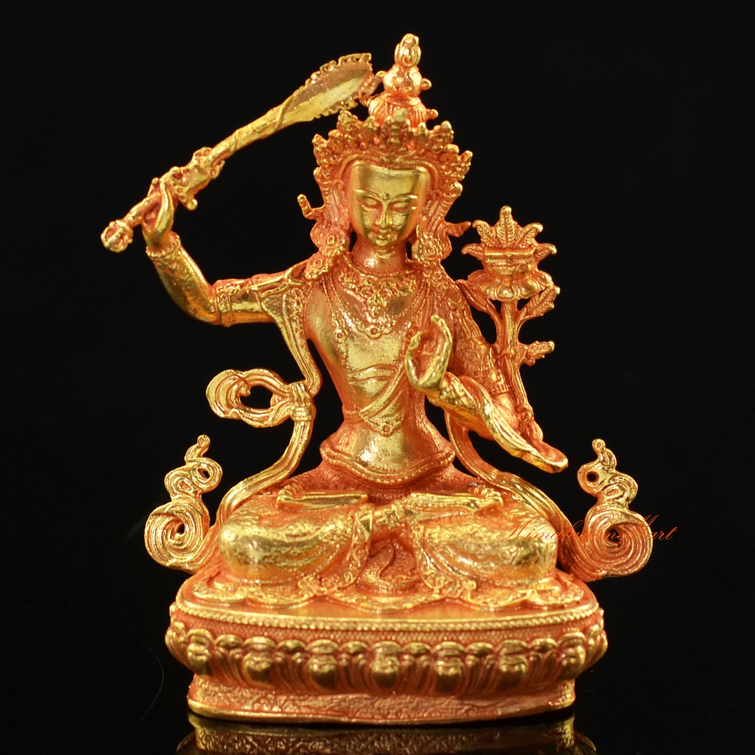 Statua del Buddha Manjushri placcata in oro, altare in lega di rame ...