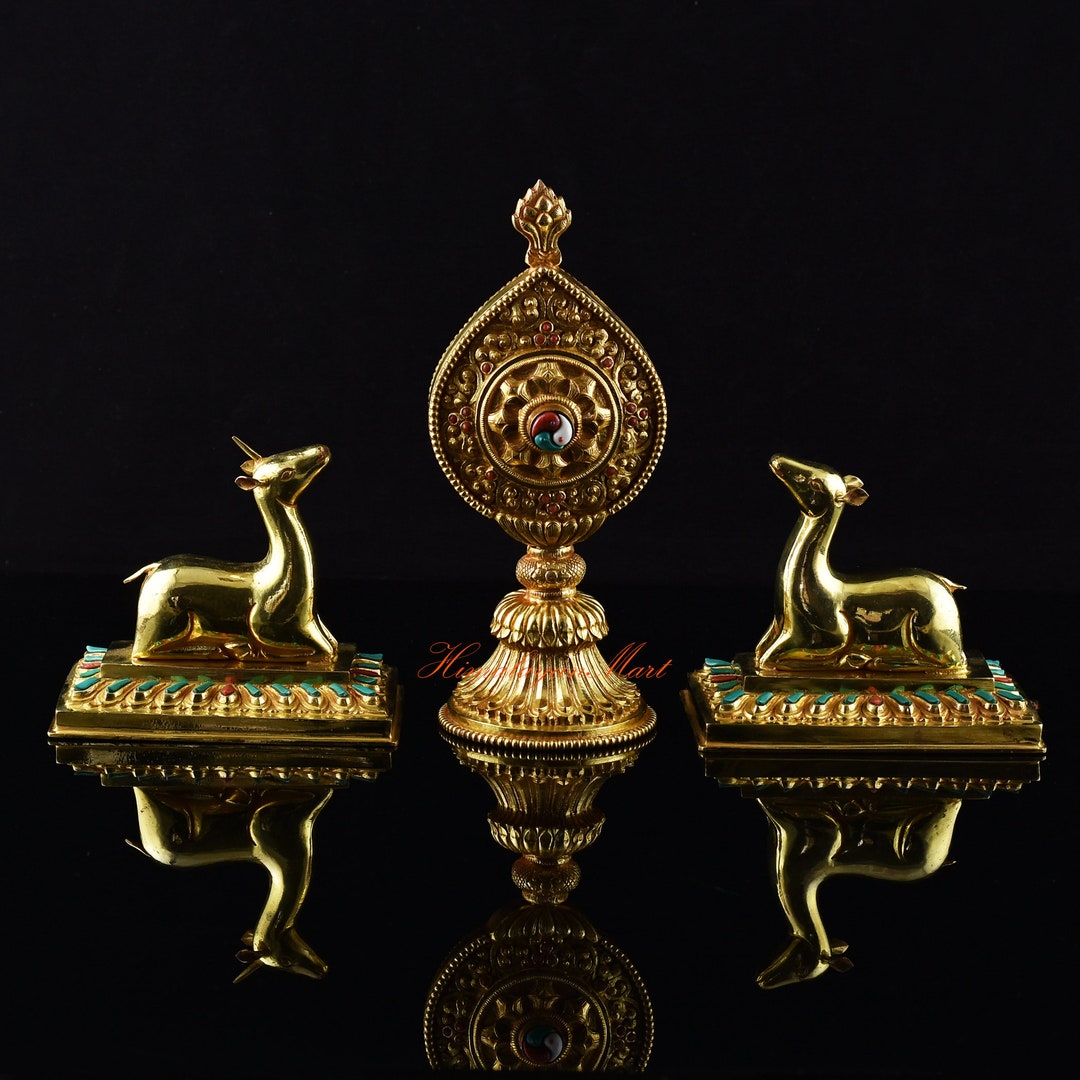 24K Gold Gilded Dharma Wheel & Deer: Hand Carved Copper Altar Set - Etsy