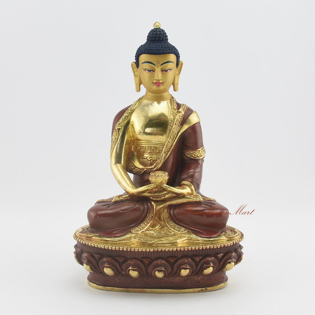 Hand Carved Amitabha Buddha Statue: 24K Gold Gilded Copper Rupa, Nepal ...