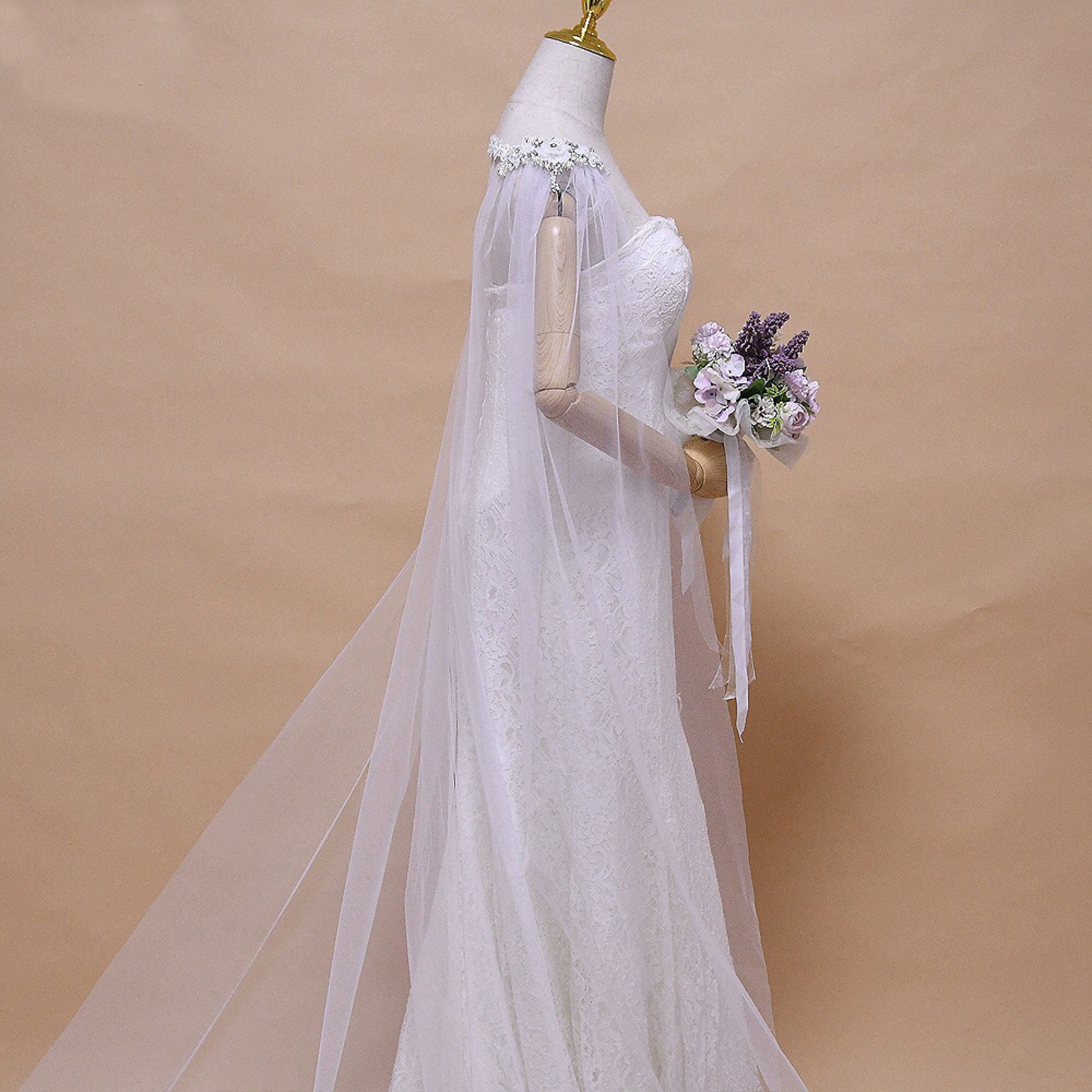 White Bridal shoulder Crystals Tulle Drape Cape Wedding Cape | Etsy