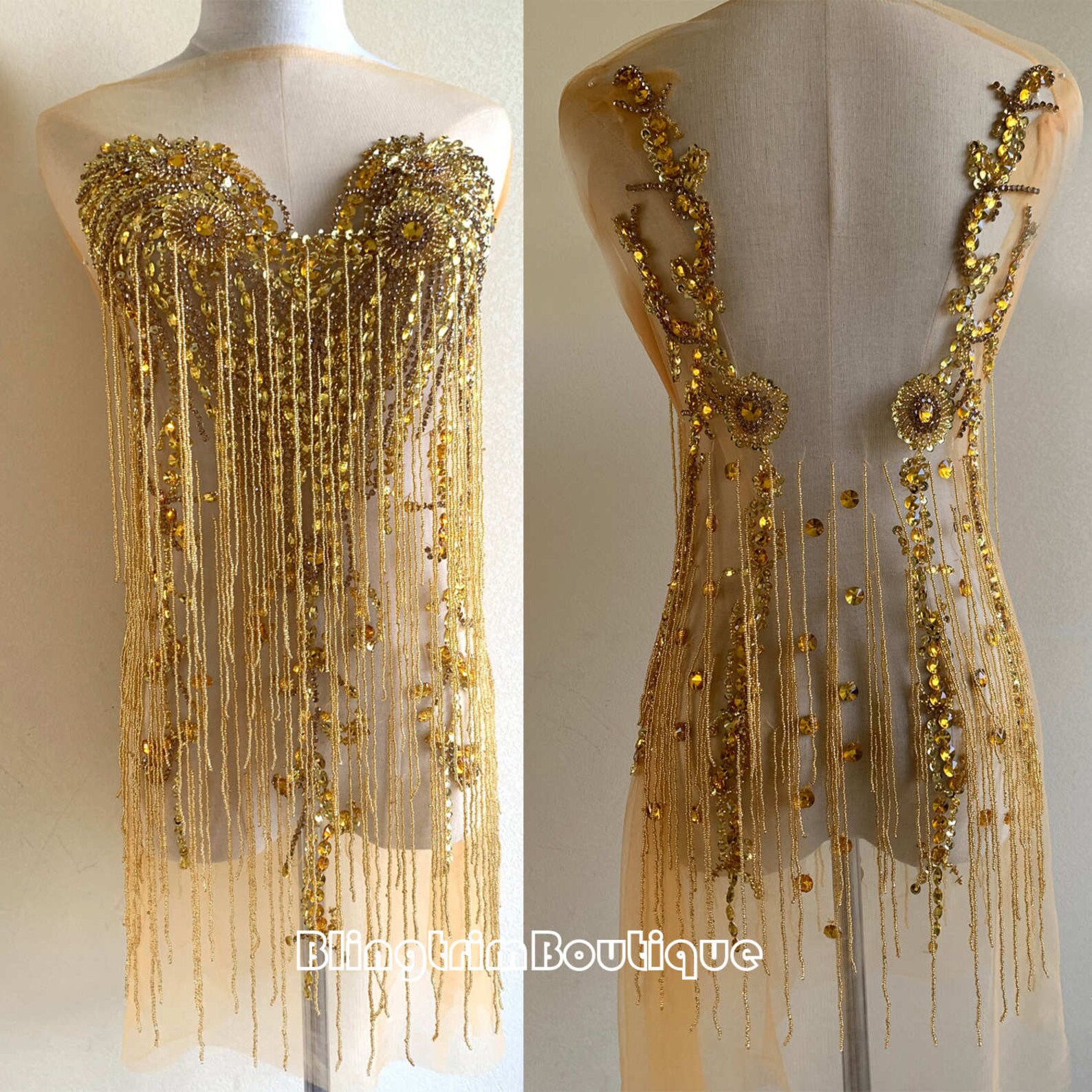 Luxury Gold Fringe Rhinestone Beaded Tassel Applique on Mesh | Etsy