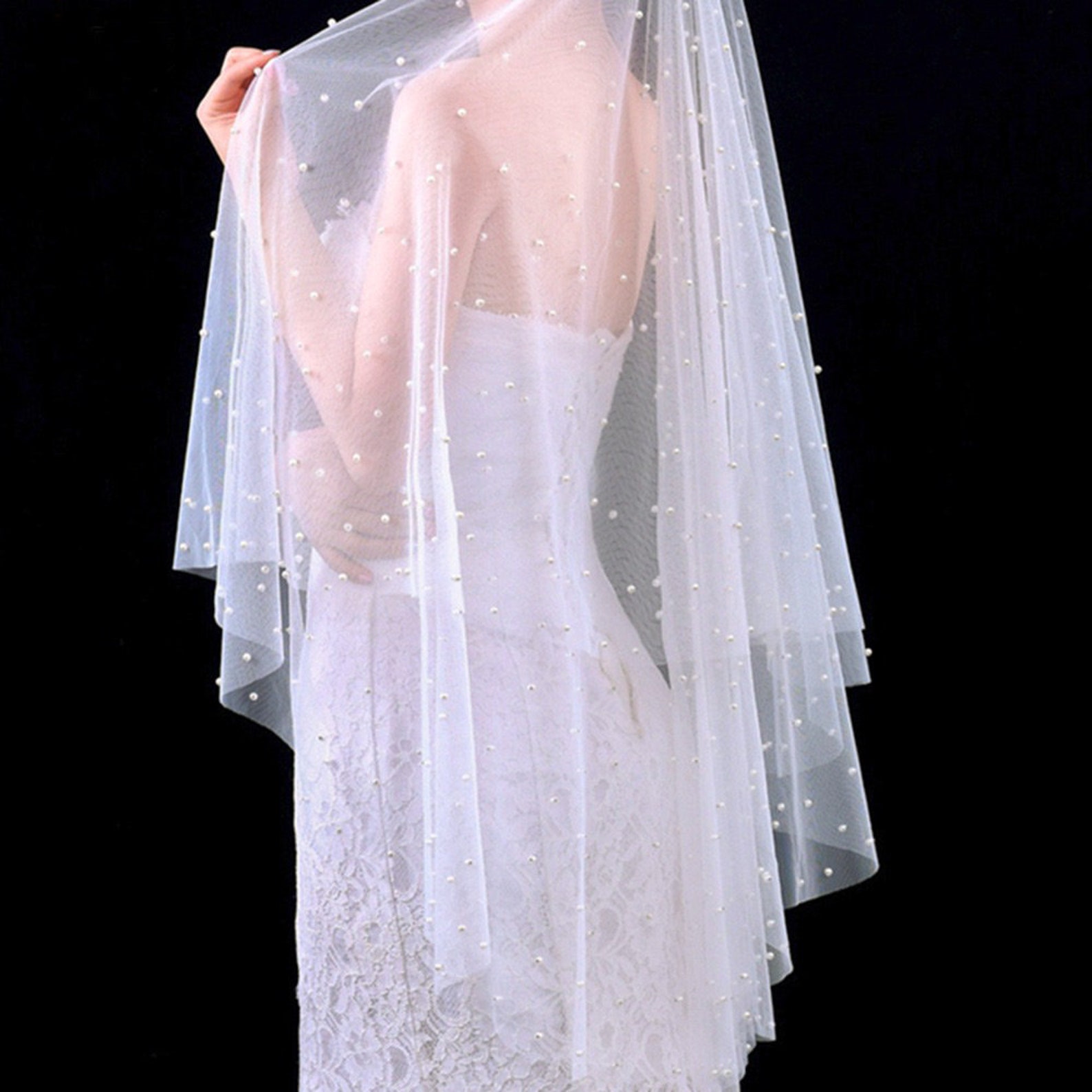 Beaded Wedding Veil Pearl Bridal Veil Ivory Veil Fingertip | Etsy